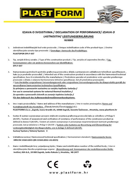 Izjava O Svojstvima Plastopor Epsf 037 Pdf