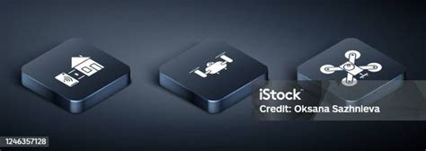 설정 아이소메트릭 스마트 홈 액션 카메라와 무인 항공기 비행 액션 카메라 아이콘으로 비행 드론 벡터 3차원 형태에 대한 스톡 벡터 아트 및 기타 이미지 Istock