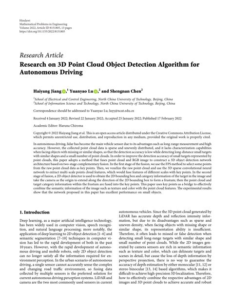 Pdf Research On 3d Point Cloud Object Detection Algorithm For