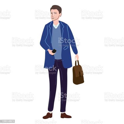 현대 가을 트렌디 한 옷을 입은 젊은 남자 학생 패션 캐주얼 아우터 스트리트 스타일 캐릭터 플랫 만화 스타일 벡터 격리 일러스트레이션 가방에 대한 스톡 벡터 아트 및 기타