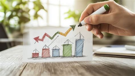 Business Growth Analysis Hand Drawing Colorful Bar Chart With Arrows On Paper Stock