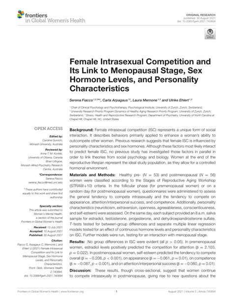 PDF Female Intrasexual Competition And Its Link To Menopausal Stage Sex Hormone Levels And