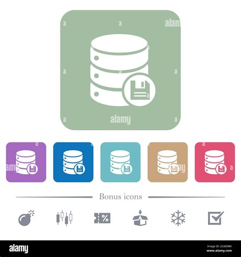 Database Save White Flat Icons On Color Rounded Square Backgrounds 6 Bonus Icons Included Stock