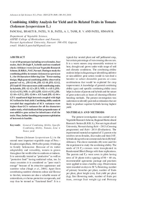 Pdf Combining Ability Analysis For Yield And Its Related Traits In