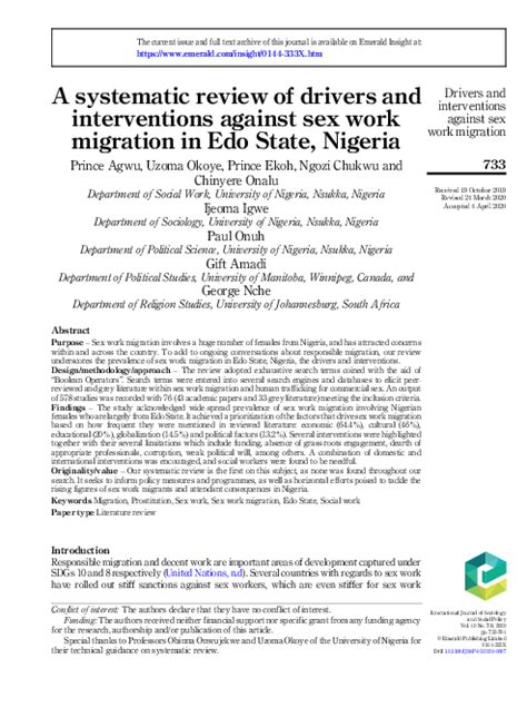 Pdf A Systematic Review Of Drivers And Interventions Against Sex Work Migration In Edo State