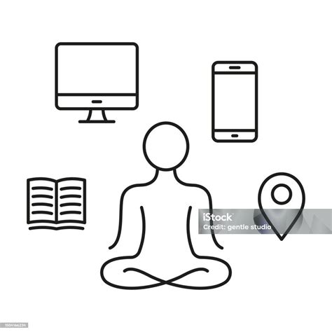 요가와 디지털 해독 라인 아이콘입니다 휴식 건강한 라이프 스타일 웰빙 선형 픽토그램 오프라인 사람 소셜 미디어 해독 개요 기호