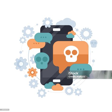 스마트폰의 맬웨어 알림 두개골 뼈 거품 연설 빨간색 경고 스팸 데이터의 개념 사기 인터넷 오류 메시지 안전하지 않은 연결 바이러스 온라인 사기와 휴대 전화 플랫 벡터