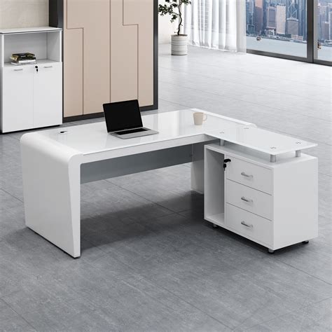 Modern L Shape Glass Office Desk White Executive Manager Ceo Office Furniture
