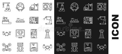 Set Line Drone Flying With Action Camera 3d Printer Conveyor Belt Cardboard Box Factory