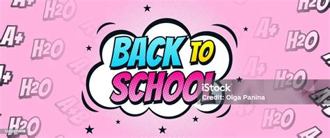 배너 포스터 배경 배경 화면 팝 아트 스타일의 프레임에 학교로 돌아 텍스트와 그림 만화 구름 대화 거품 생각 폭발 만화 스타일 교사 교육 관련 직업에 대한 스톡 벡터 아트