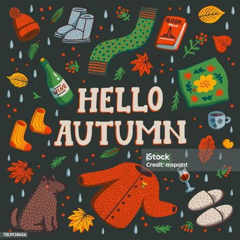안녕하세요 가을 어두운 배경에 가을 필수품 세트입니다 따뜻한 옷 딸기 잎 등 가을 시즌 요소의 컬렉션입니다 플랫 스타일 손으로 그린 벡터 그림입니다 0명에 대한 스톡 벡터