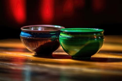 Premium Ai Image Three Colorful Glass Bowls On A Wooden Surface