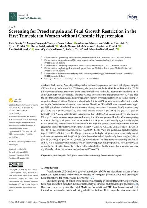 Pdf Screening For Preeclampsia And Fetal Growth Restriction In The First Trimester In Women
