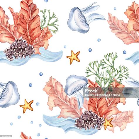 흰색에 격리된 다채로운 바다 식물 수채화 그림의 매끄러운 패턴 붉은 포르피린증 보라색 산호 해파리 손으로 그렸습니다 패키지 벽지 포장 섬유 배경 디자인 0명에 대한 스톡