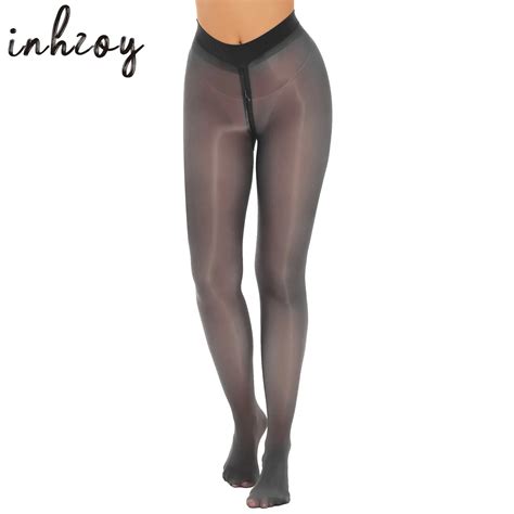 Womens Glossy Zipper Crotch Pantyhose Tights Stretchy See Through