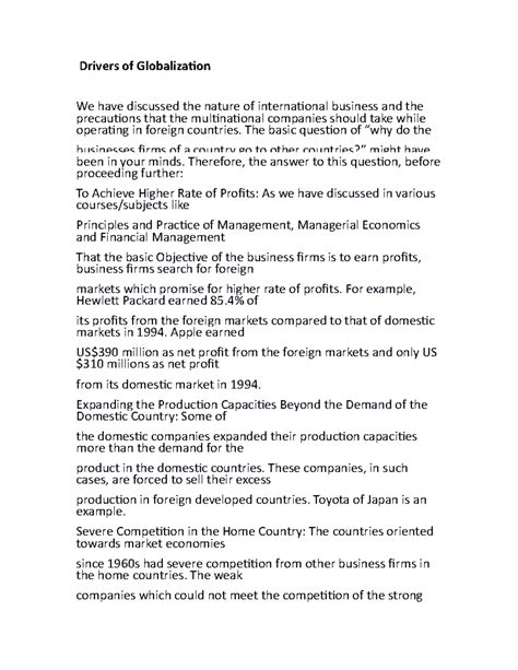 Drivers Of Globalization Notes Drivers Of Globalization We Have Discussed The Nature Of Studocu