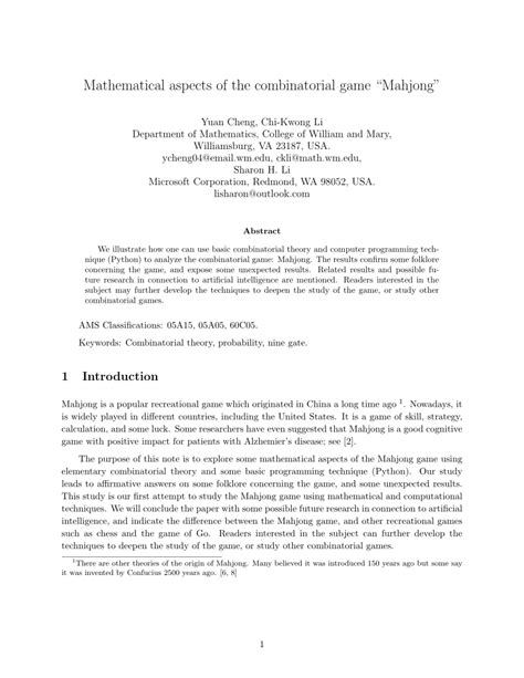 PDF Mathematical Aspect Of The Combinatorial Game Mahjong