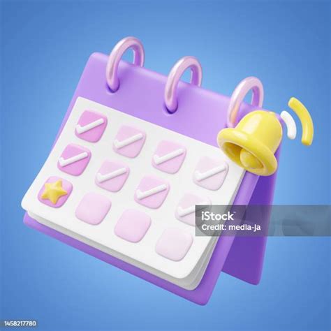 3d 캘린더 알림 아이콘입니다 날짜에 확인 표시가 있는 보라색 달력 파란색에 떠 있는 종 이벤트 휴일 계획 비즈니스 알림 개념에