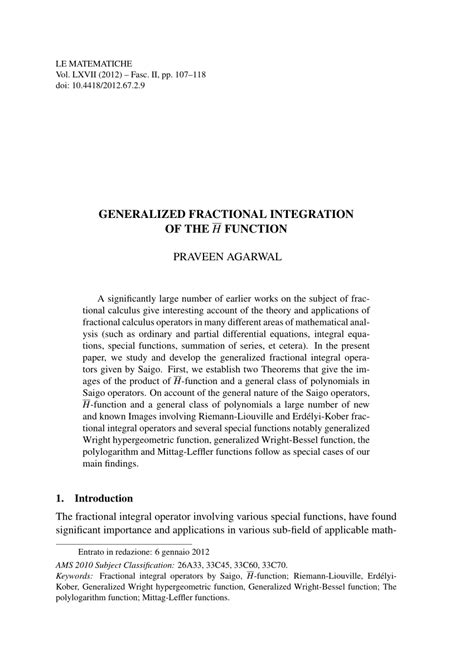 Pdf Generalized Fractional Integration Of The H¯ Function