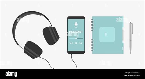 Smartphone With Podcast App On Screen Black Headphones Blue Notebook And Pen Podcast Concept