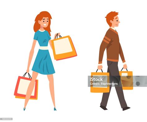 행복한 남자와 여자 캐릭터는 구매 벡터 세트로 쇼핑을 하는 가방을 들고 있다 가방에 대한 스톡 벡터 아트 및 기타 이미지 가방 개념 개성 개념 Istock
