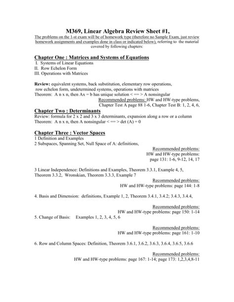 M369 Linear Algebra Review Sheet 1