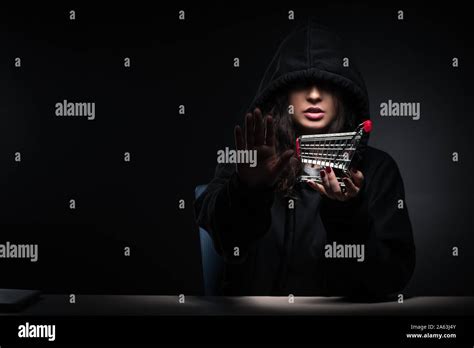 The Female Hacker Hacking Security Firewall Late In Office Stock Photo Alamy