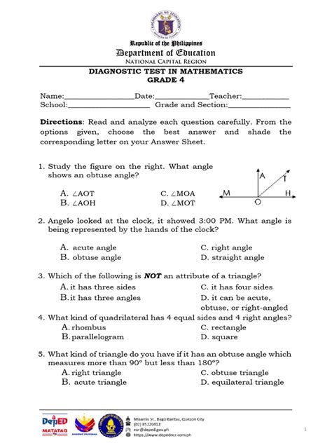 Diagnostic Test In Mathematics G4 Rtp Pdf Triangle Rectangle