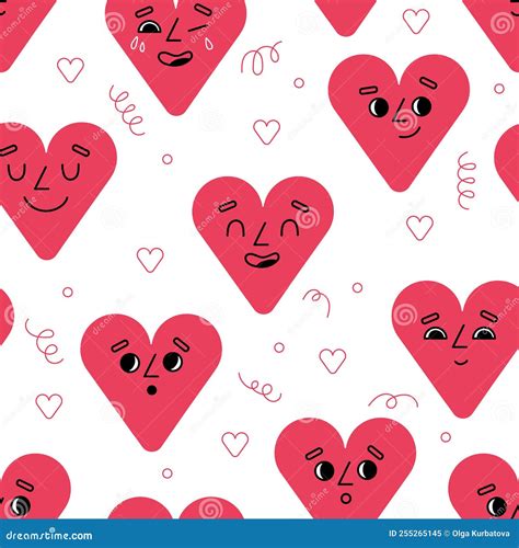 Cartoon Hearts Emoji Seamless Pattern Happy Valentines Comic