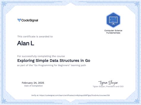 Course Certificate For Exploring Simple Data Structures In Go Alan Lai