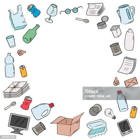 쓰레기 분리수거 및 재활용 흰색 배경에 텍스트를 위한 정사각형 프레임 구성입니다 폐기물 분리 색 벡터입니다 개념에 대한 스톡