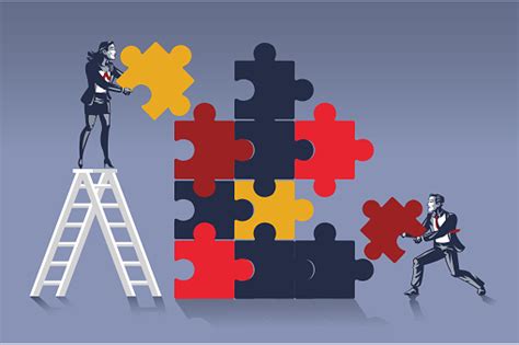 거대한 직소 퍼즐 블루 칼라 일러스트 개념을 해결하기 위해 비즈니스 사람들이 함께 작동 동업에 대한 스톡 벡터 아트 및 기타 이미지 동업 실톱 인포그래픽 Istock