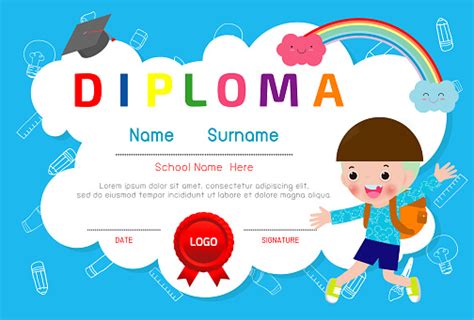 아이 들 졸업장 벡터 일러스트 레이 션 인증서 유치원 및 초등학교 유치원 아이 들 졸업장 인증서 패턴 디자인 서식 파일 유치원 학생을 위한 졸업장 템플릿 감탄에 대한 스톡