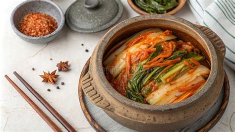 Traditional Korean Kimchi In Rustic Clay Pot With Fresh Vegetables