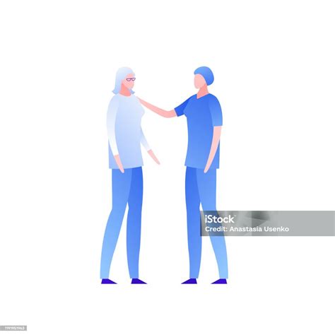 벡터 평면 현대 의사와 환자 캐릭터 그림입니다 파란색 유니폼 이야기에서 의사와 흰색에 고립 된 오래된 여성을 돌봐 간호 클리닉 건강 관리 의학을위한 디자인 요소 간호사에