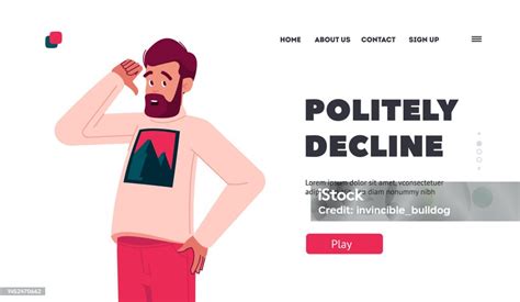 방문 페이지 템플릿을 정중하게 거절합니다 엄지손가락을 아래로 내리며 거절하거나 제스처를 거부하는 수염 난 성인 남성 캐릭터 감정에 대한 스톡 벡터 아트 및 기타 이미지