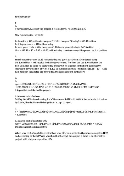 Tutorial Week 8 Npv Analysis And Project Evaluation Studocu