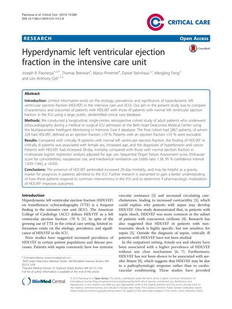 Pdf Hyperdynamic Left Ventricular Ejection Fraction In The Intensive