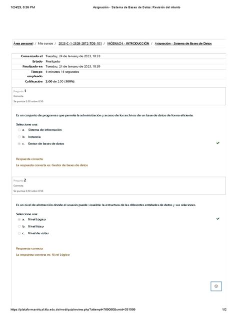 Asignación Sistema De Bases De Datos Revisión Del Intento Pdf Bases De Datos Informática