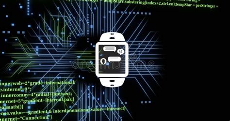 Image Of Ai Data Processing Over Smartwatch Screen And Computer Circuit