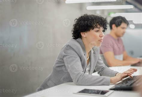 Female Software Developer Using Desktop Computer Stock Photo At Vecteezy