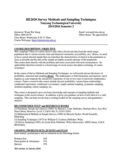 Syllabus He20203 Pdf Sampling Statistics Survey Methodology