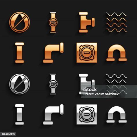 설정 산업 금속 파이프 웨이브 맨홀 하수 커버 물 방울 금지 및 미터 아이콘 벡터 곡선에 대한 스톡 벡터 아트 및 기타 이미지 곡선 금 금속 금색 Istock