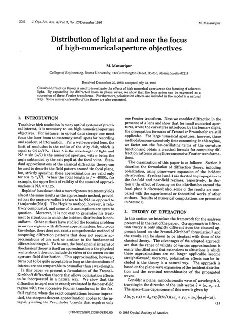 Pdf Distribution Of Light At And Near The Focus Of High Numerical Aperture Objectives