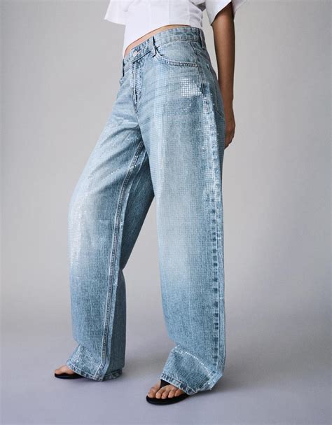 Jeans Baggy Barrel Lantejoulas Calças Mulher Bershka