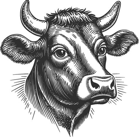 Detailed Black And White Illustration Of A Cow Head In Vintage Style