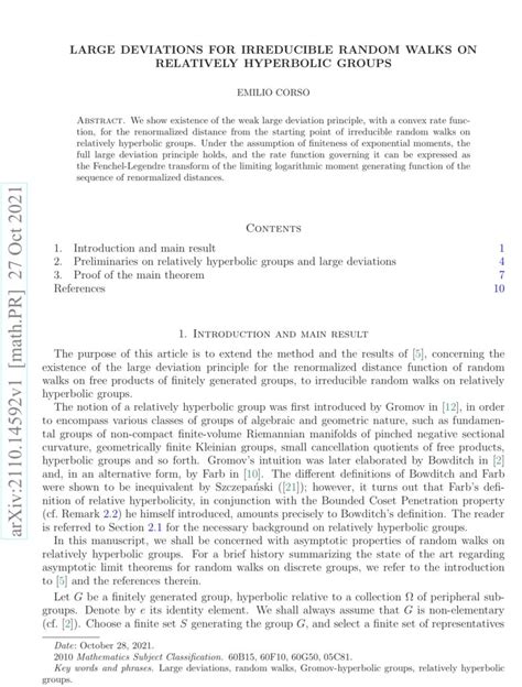 Large Deviations For Irreducible Random Walks On Relatively Hyperbolic Groups Emilio Corso