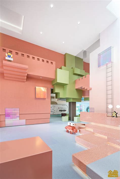 The Interior Of An Art Museum With Pink And Green Walls