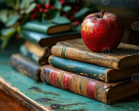 Ai Generated Stacks Of Books Set On A Green Canvas Accented By A Red