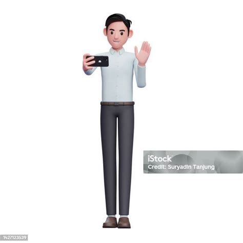 파란 셔츠를 입은 사업가가 화상 통화를하고 스마트 폰을 사용하여 사업가의 3d 일러스트 레이 션 경영자에 대한 스톡 사진 및 기타 이미지 Istock